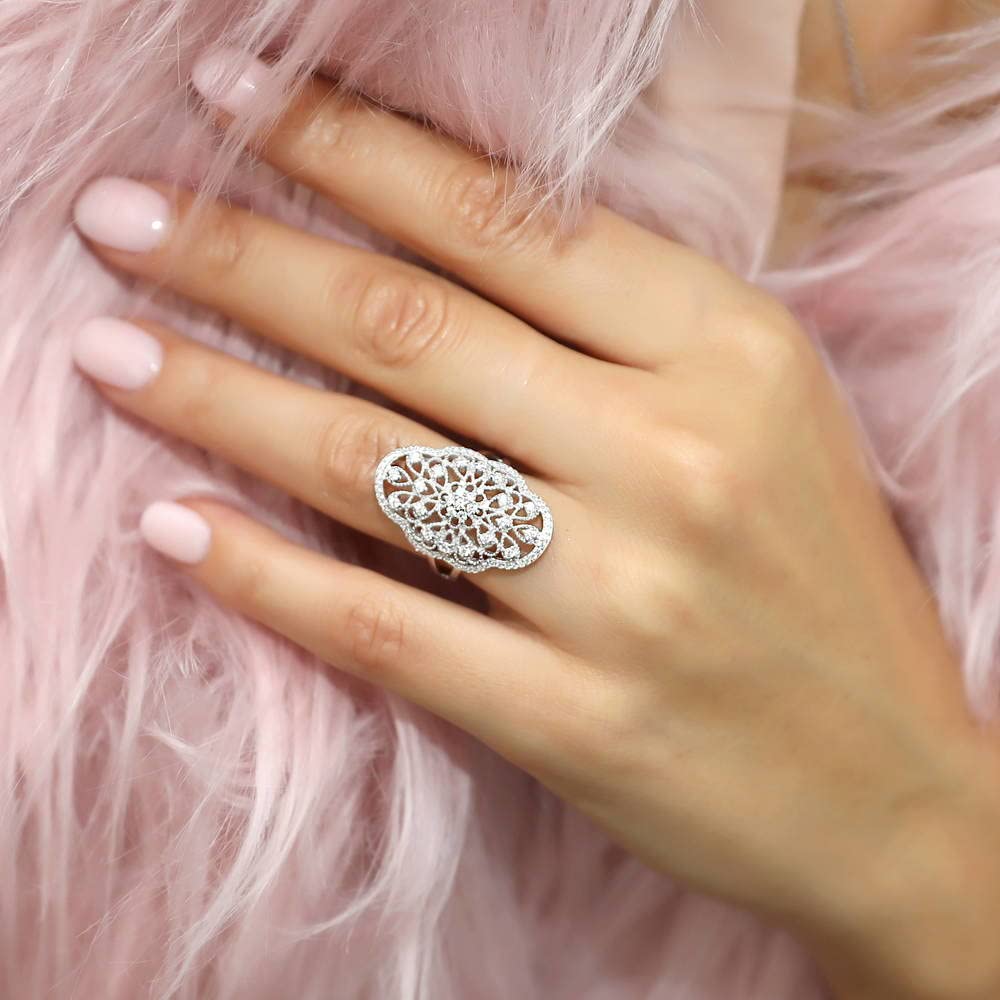 BERRICLE Sterling Silver Flower Cubic Zirconia CZ Statement Navette Cocktail Fashion Ring for Women, Rhodium Plated Size 8