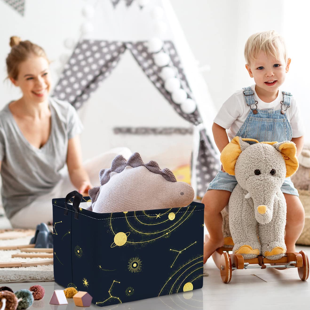 Clastyle Waterproof Universe Planet Storage Baskets for Bedroom Collapsible Blue Outer Space Rectangle Clothes Storage Bin, 15.7 * 11.8 * 11.8 in