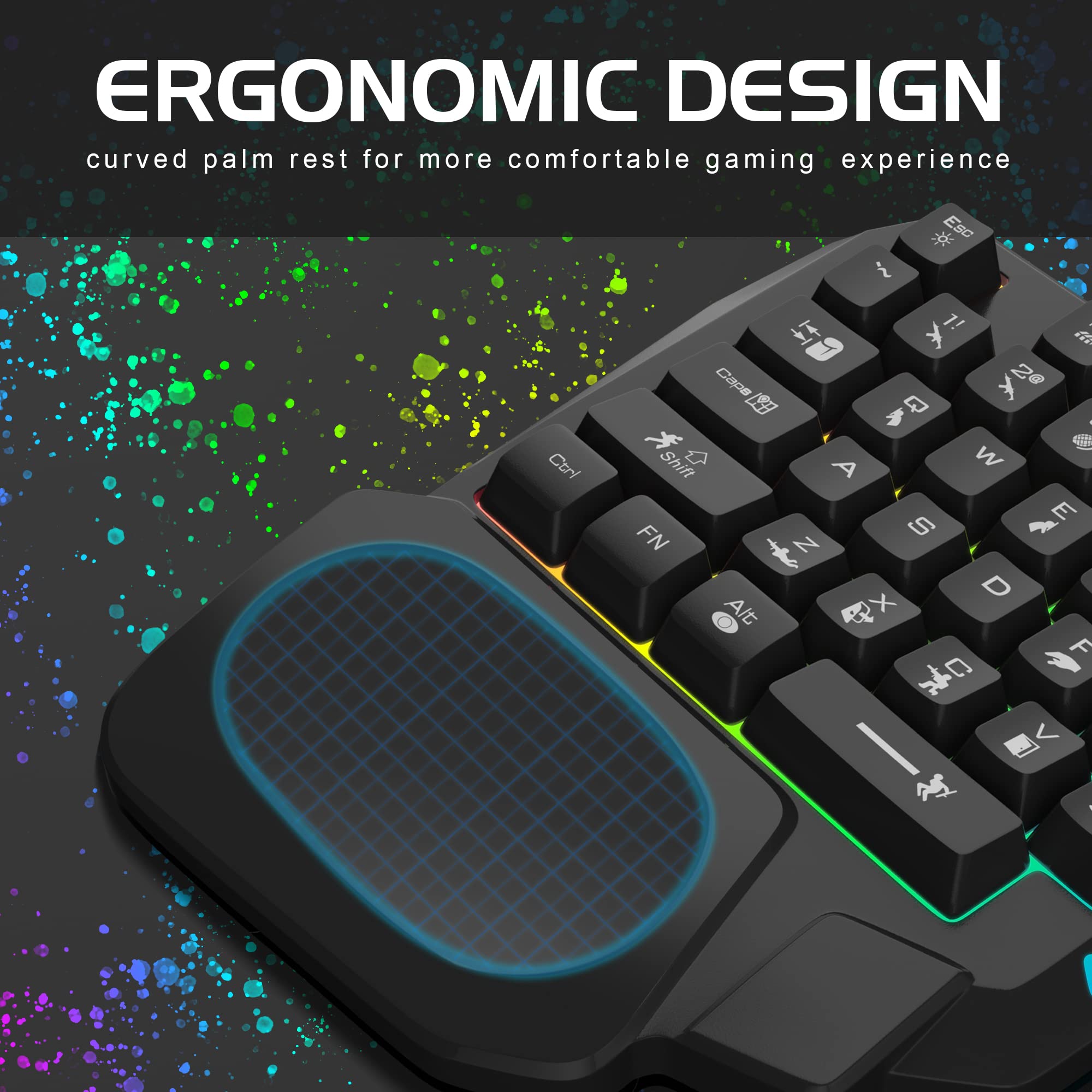 Camiysn One Handed Gaming Keyboard, Small Gaming Keyboard with Ergonomic Palm Rest, LED Backlit Mini Gaming Keypad, USB Wired Game Controller for Gamer(Black)
