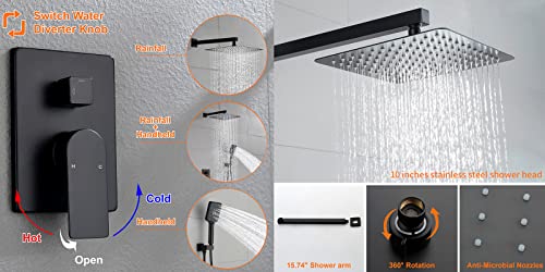 DIFEINI Shower Faucet Set Matte Black Shower System with 10 Inches Stainless Steel Rainfall Shower Head Pressure Balance Rough-in Valve Trim Kit Shower Fixture Combo Set,6012B