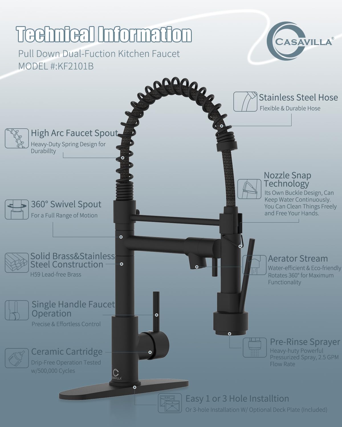 Casavilla Kitchen Faucet with Soap Dispenser, Single Handle Spring Kitchen Sink Faucets with Pull Down Sprayer and Deck Plate,Black Faucet for Camper Farmhouse RV Kitchen Sink,Dual Function Spray Head