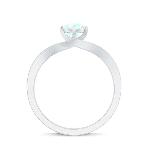 Certified 5 MM Opal Round Engagement Ring, AAA Quality, Natural Ethiopian Opal Solitaire Ring with Moissanite, 14K White Gold, Size:US 8.00