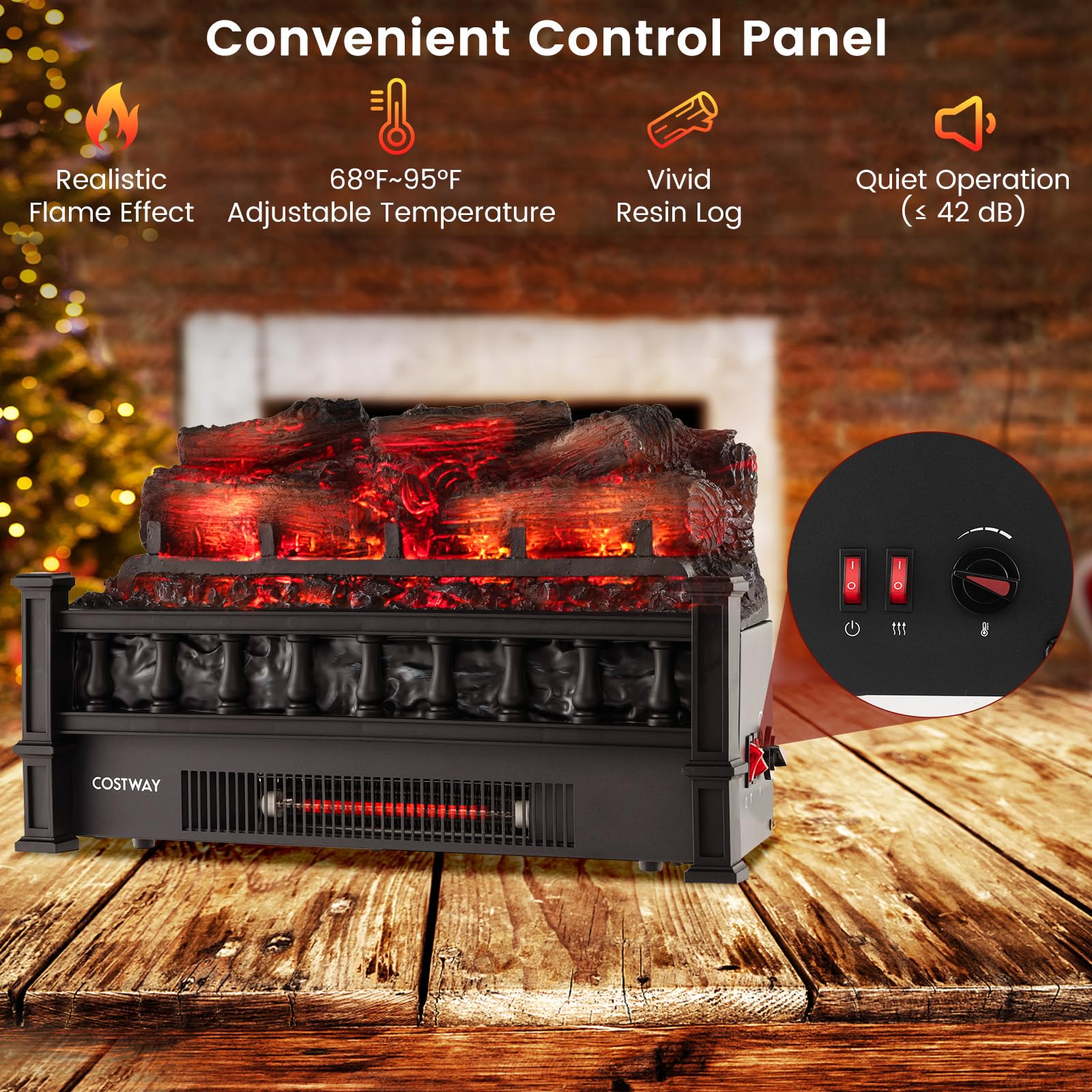 COSTWAY Eternal Flame Electric Fireplace Log, 20-inch Fireplace Insert Log Heater with Realistic Pinewood Ember Bed, Adjustable Temperature, Infrared Electric Fireplace Log for Home Decor, Black 1500W