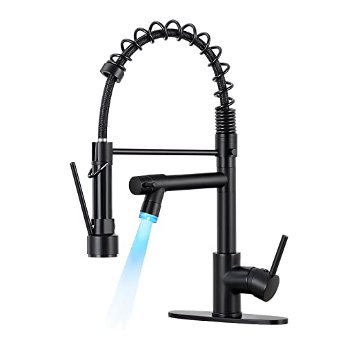 KZH Kitchen Sink Faucet with Pull Down Sprayer,Single Handle Two Spout Kitchen Faucets with LED Light,Matte Black,Stainless Stee