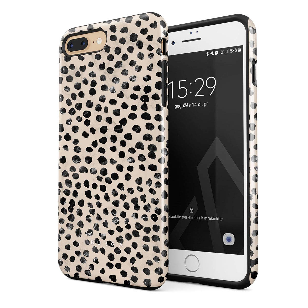 BURGA Phone Case Compatible with iPhone 7 Plus / 8 Plus - Hybrid 2-Layer Hard Shell + Silicone Protective Case -Black Polka Dots Pattern Nude Almond Latte - Scratch-Resistant Shockproof Cover