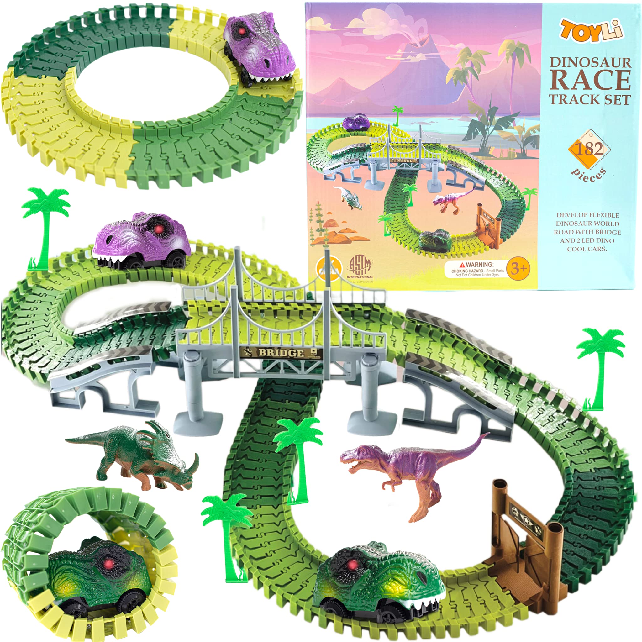 TOYLI Dinosaur Race Track Set 182 Pieces, Dino Track Flexible Dinosaur Road Race Playset with Bridge, Ramps, Dinosaur Track Toy Set is a Great 3 Year Old boy Gift.