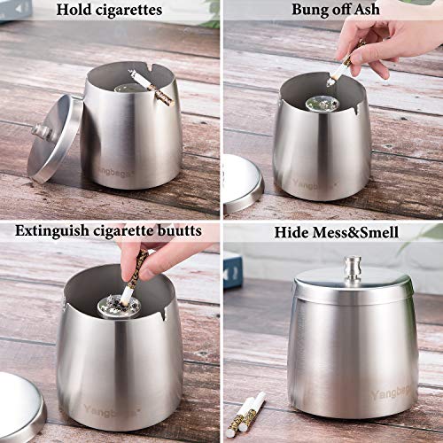 Yangbaga XL Ashtray with Lid for Cigarettes,Windproof/Rainproof Stainless Steel Smokeless Odorless Ash tray for Home Unbreakable Modern Ashtray for Indoor or Outdoor Use,Silver (X-Large)