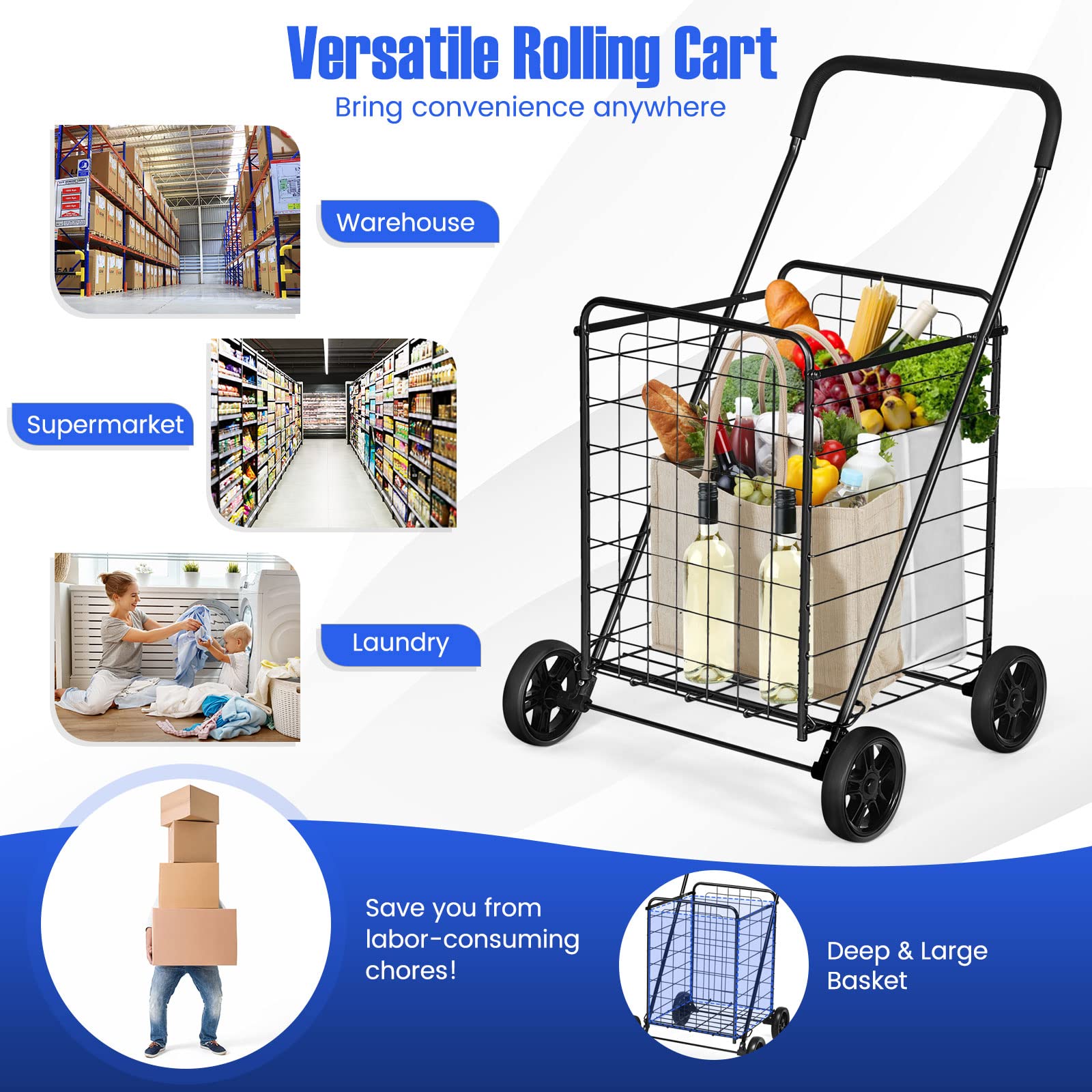 COSTWAY Folding Shopping Cart, Heavy Duty Grocery Utility Cart with Foam Wrapped Handle & Large Wheels, Versatile Rolling Cart with 22 Gal Metal Basket for Warehouse, Supermarket & Laundry