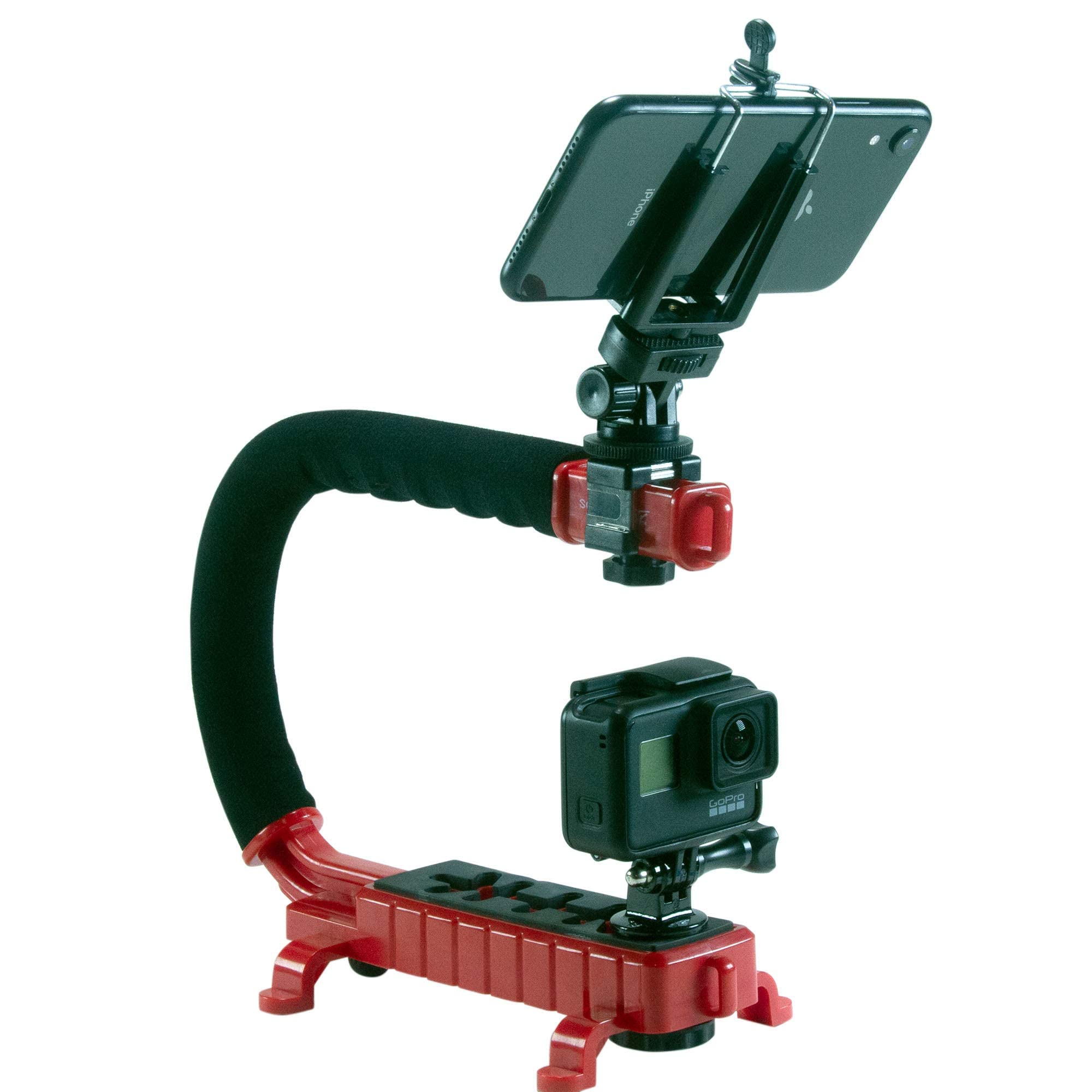 CAM CADDIE U-Grip Pro Handheld Video Rig Steadicam with Triple Cold Shoe, Stabilizing Handle Grip Compatible for iPhone 12 11 Pro Max Xs 8 7 plus GoPro Canon Nikon Sony DSLR Cameras Red Action Edition