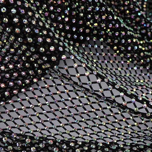 Exquisite AB Color Rhinestone Fabric Stretchy Mesh (15 inch by 12 inch, Black)