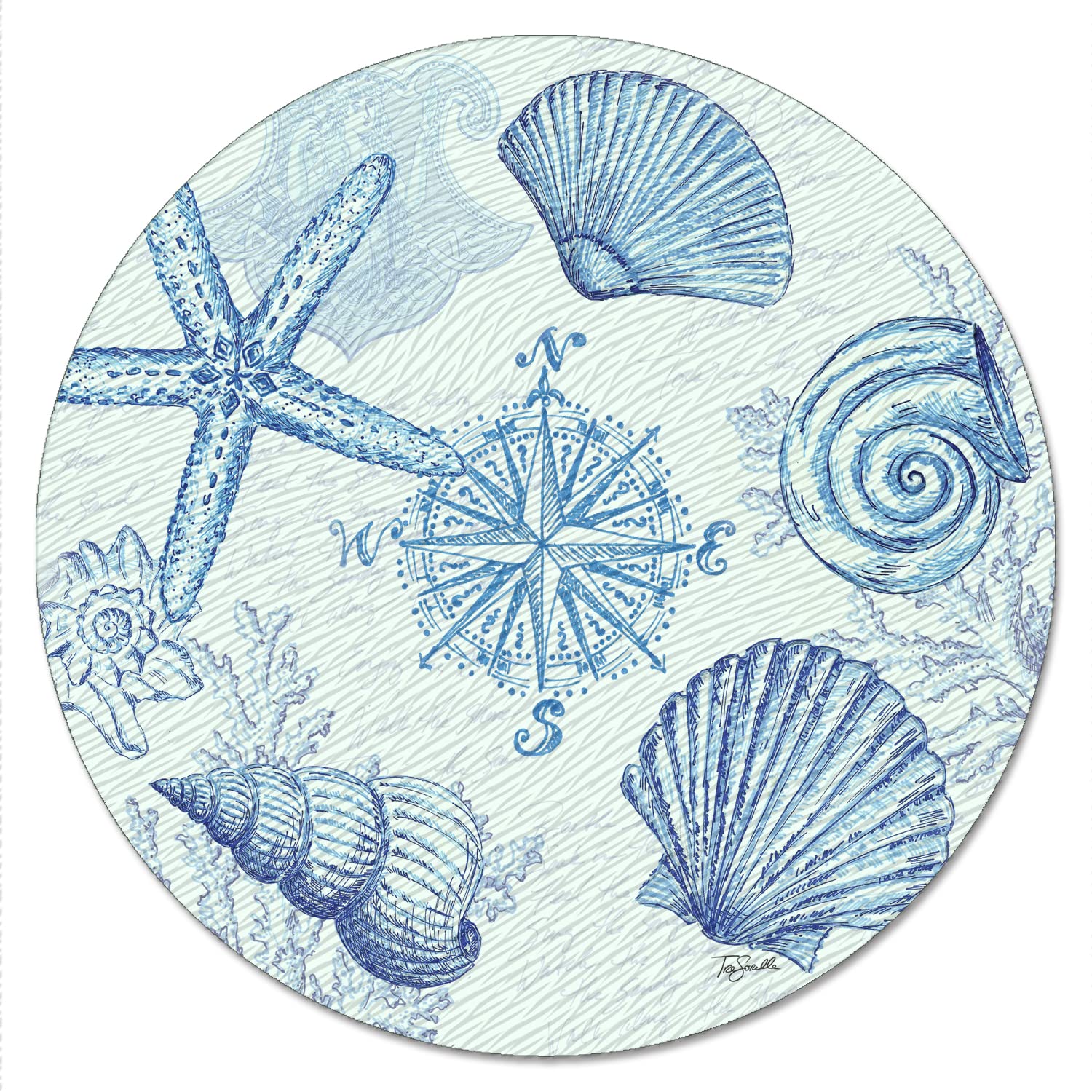 CounterArt Coastal Sketch 4mm Heat Tolerant Tempered Glass Lazy Susan Turntable 13" Diameter Cake Plate Condiment Caddy Pizza Server