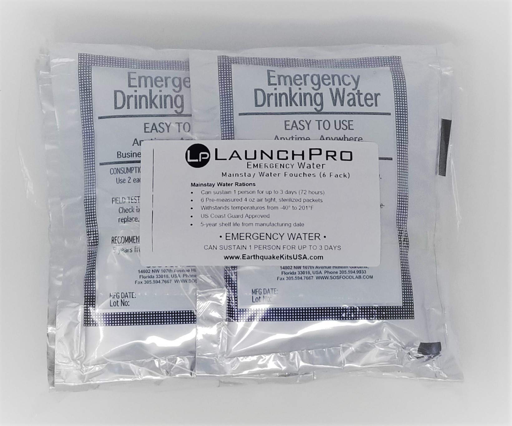 LaunchPro Emergency Water Pack 3 Day Survival Rations (6 x 4.2 oz Pouches) USCG Approved 5 -Year Shelf Life