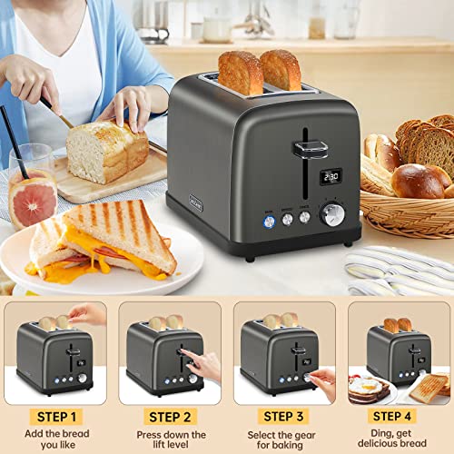 SEEDEEM Toaster 2 Slice, Stainless Steel Bread Toaster with LCD Display, 7 Bread Shade Settings, 1.5'' Variable Extra Wide Slots Bagel Toaster with 4 Functions, Removable Crumb Tray, 900W, Dark Metallic …
