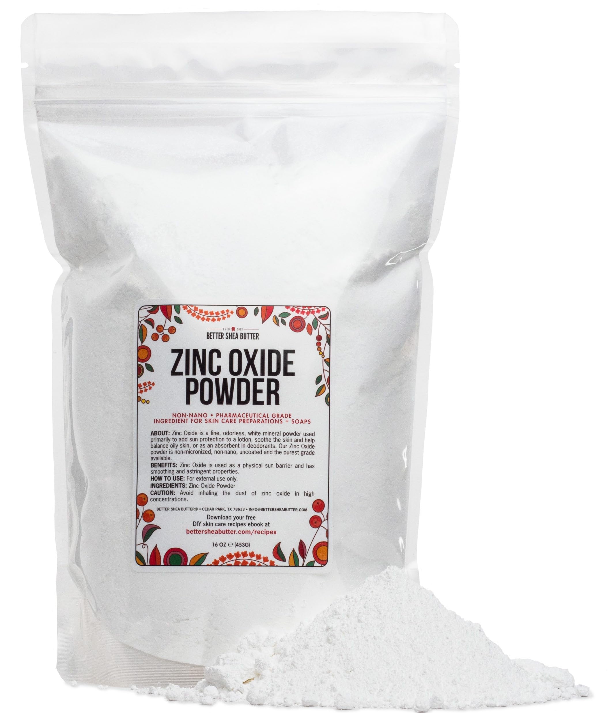 Zinc Oxide Powder | Uncoated, Non Nano Zinc Oxide | Pure, Pharmaceutical Grade | Use in Homemade Sunscreen Lotion | Diaper Rash Cream, Deodorant DIY, Zinc Oxide Ointment | 1 LB by Better Shea Butter