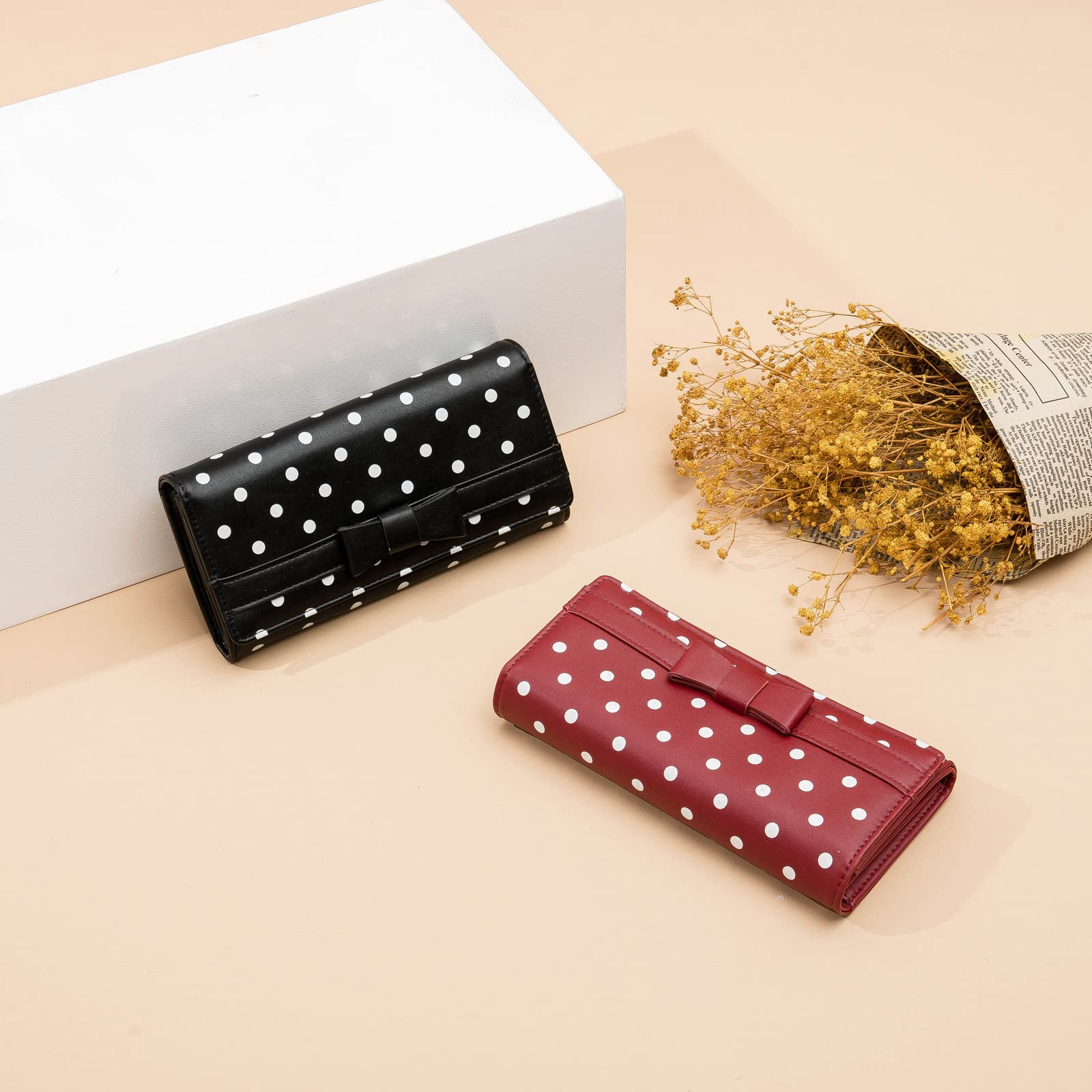 ROYALFAIR Polka Dot Wallet for Women, PU Leather Lady Purse with Cute Bowtie Card Holder Money Manager with ID Window (White Dots in Red)