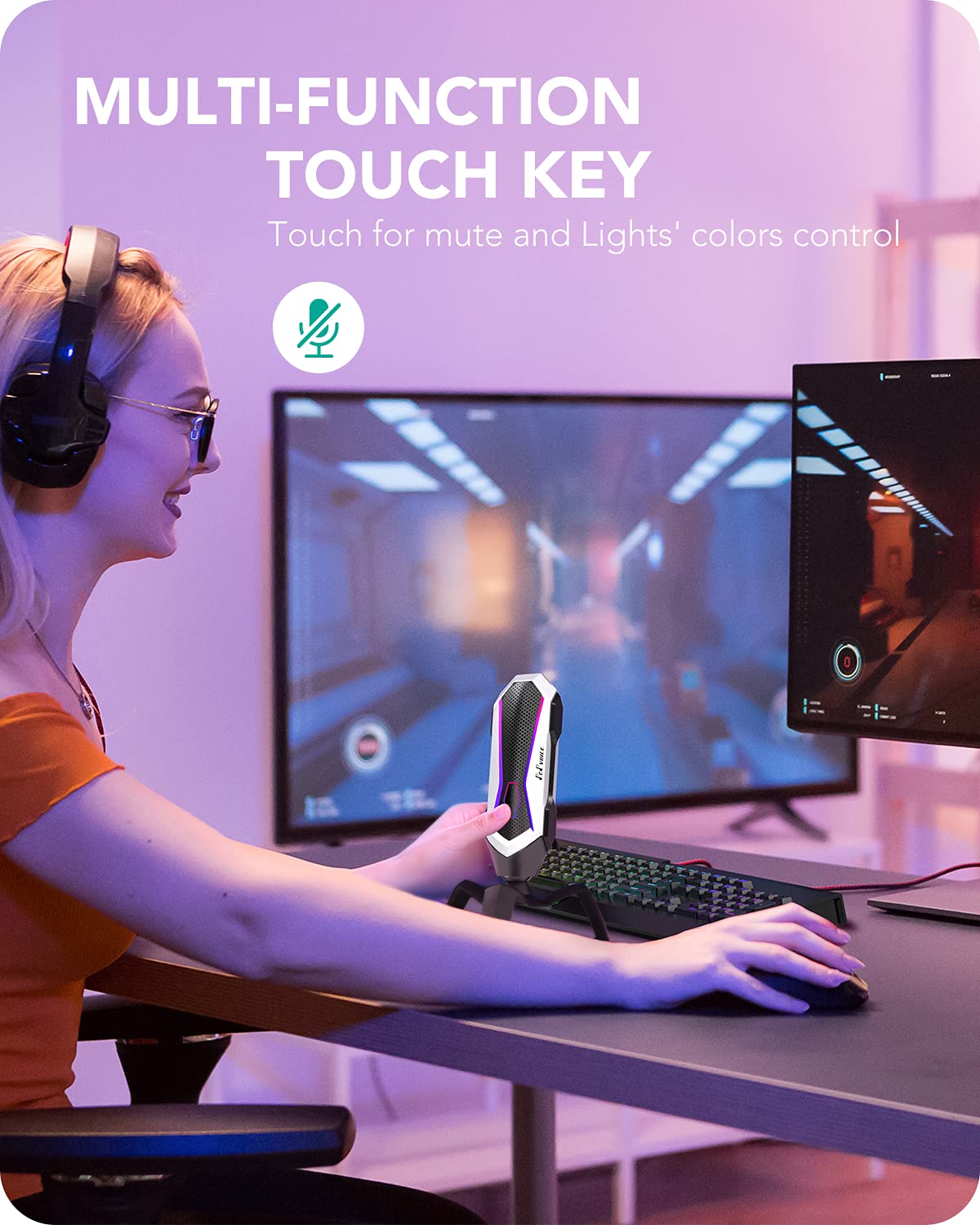 PoP voice USB Microphone, Condenser Gaming Mic for PC, PS4 and Mac, with Tap-to-Mute Sensor and Tripod Stand, Best for Games, Streaming, Podcasts, Twitch, YouTube, Discord, OBS, TeamSpeak