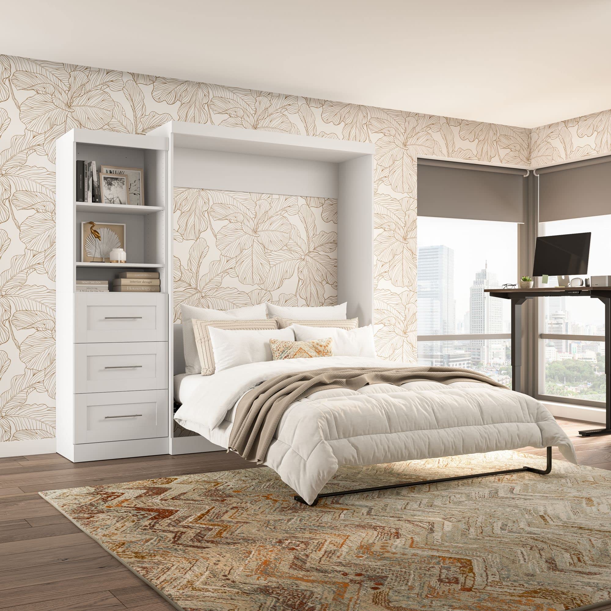 Bestar Pur Queen Murphy Bed and Shelving Unit with Drawers, 90-inch Space-Saving Wall Bed