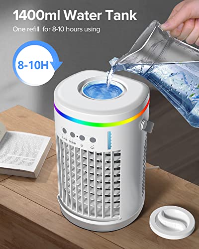 Portable Air Conditioners,ovolta 1400ml Evaporative Air Cooler 3 Speeds,USB Personal Air Conditioner with 7 LED Light,Portable AC Air Conditioner for Room Kitchen Office Desk Bedroom Camping (white)