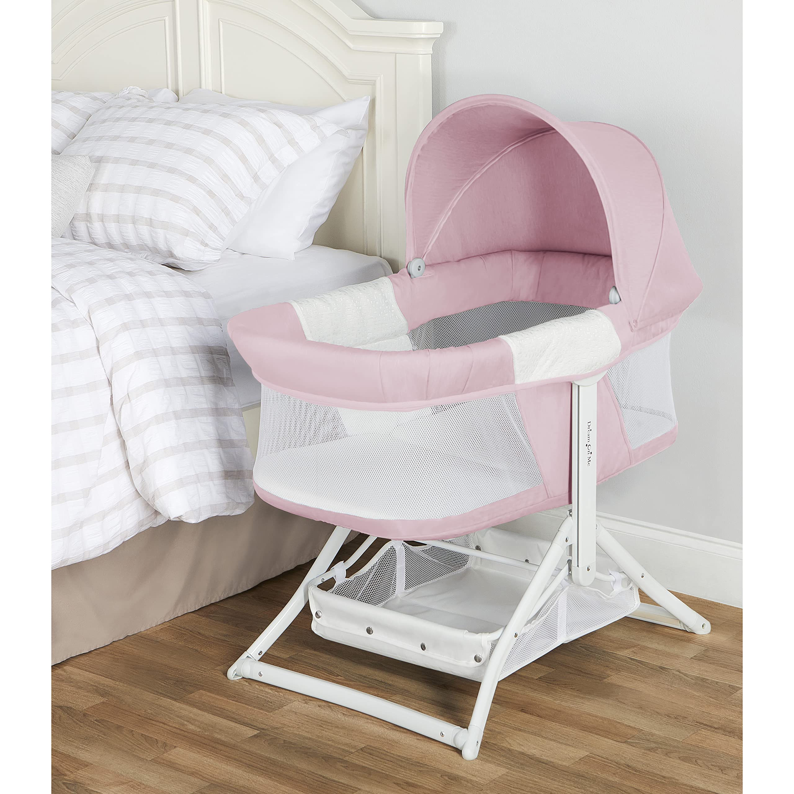 Dream On Me 2-in-1 Convertible Insta Fold Bassinet and Cradle in Pink, Lightweight, Portable and Easy to Fold Baby Bassinet, Adjustable Canopy, Breathable Mesh Sides, JPMA Certified