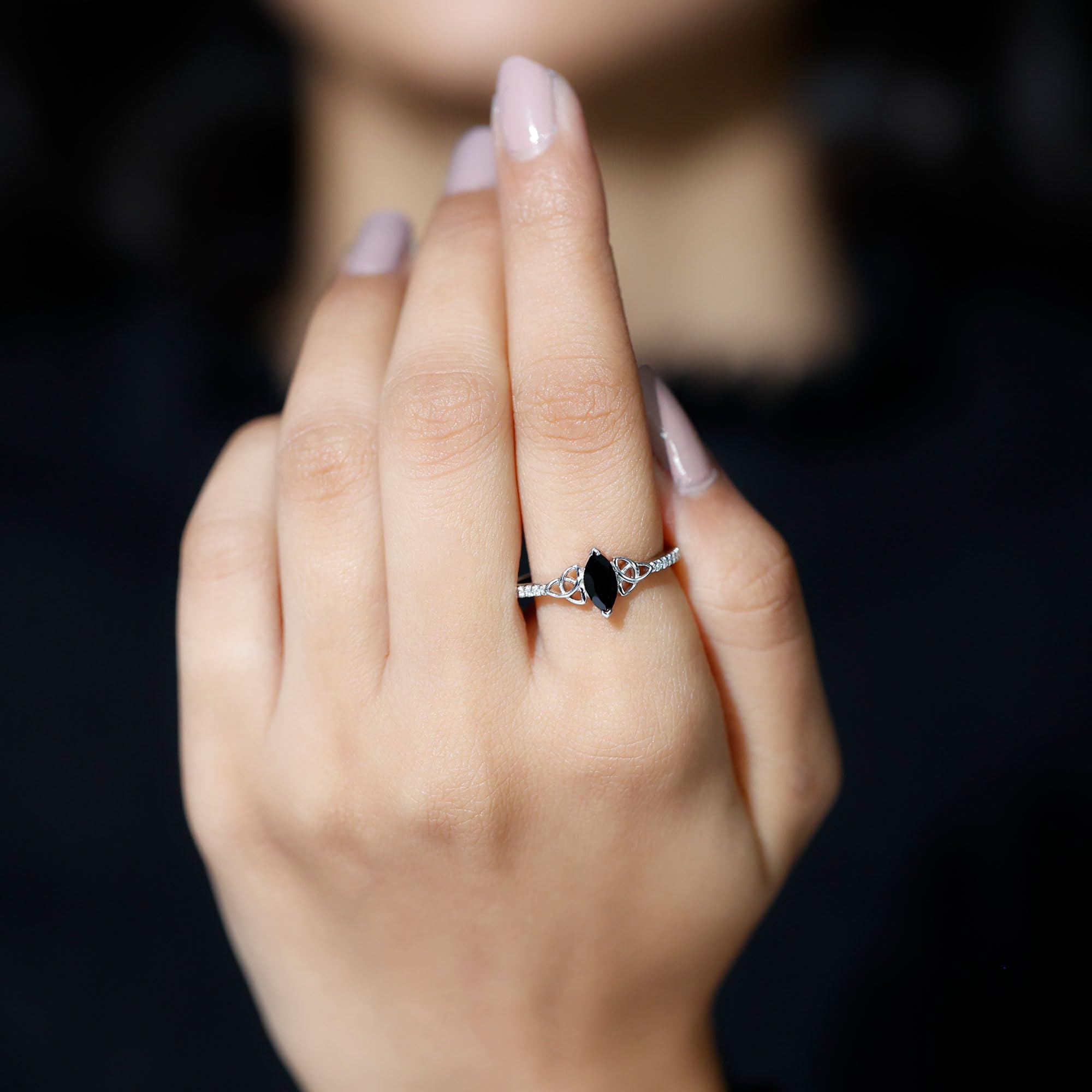 Certified Onyx Celtic Knot Ring with Diamond, Natural 4X8 mm Marquise Shape Black Onyx Celtic Design Ring For Women, Aaa Quality, 14K White Gold, Size:US 7.50