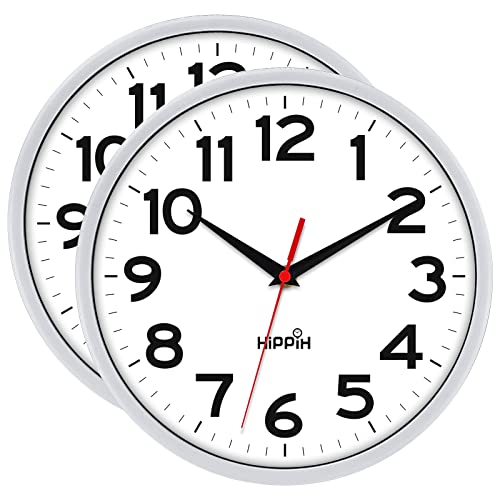 HIPPIH Wall Clock 2 Pack, 10 Inch Modern Wall Clocks Battery Operated, Non Ticking Silent Wall Clock, Simple Small Analog Wall Clock for Living Room, Bedroom, School, Office Decor, Silver