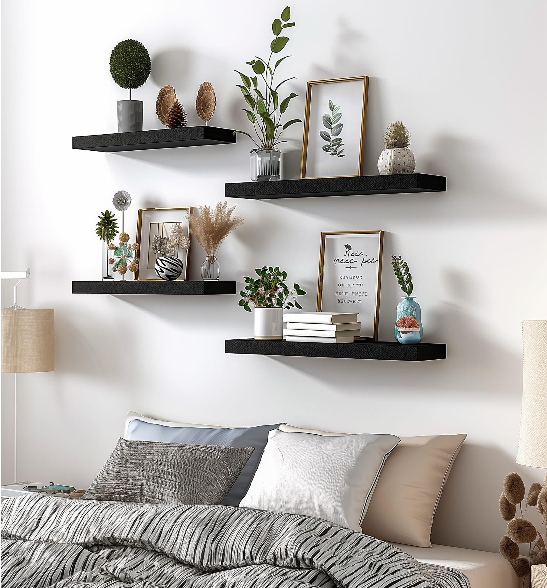 YYWUOJJ Wood Floating Shelves for Wall Decor, Rustic Wall Shelves for Bedroom Bathroom Kitchen Living Room, Set of 6 Black