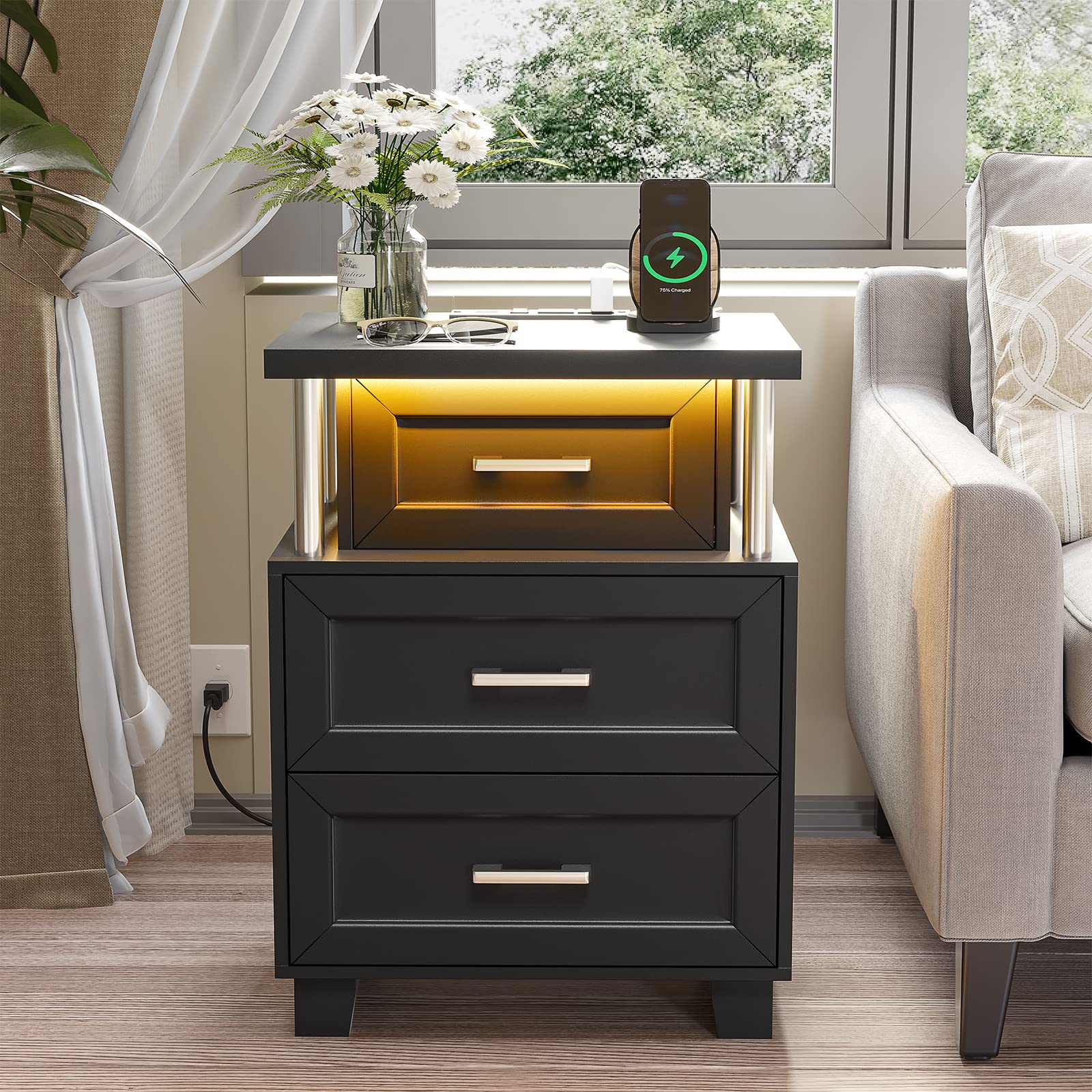 VIAGDO Black Nightstand Set of 2, LED Night Stand Set 2 with Charging Station, Modern Nightstand with 3 Drawers, Vintage Bedside Tables, End Side Table with Storage for Bedroom, Office
