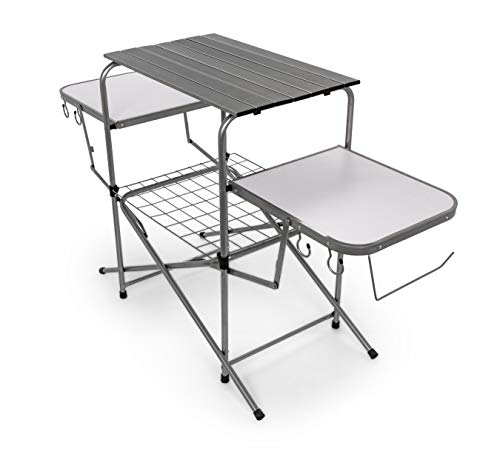 Camco Olympian Deluxe Portable Grill Table | Provides Plenty of Room for Grilling Gear | Ideal for Picnics, Camping, Boating, Tailgating, and Backyard BBQs | (57293) Silver