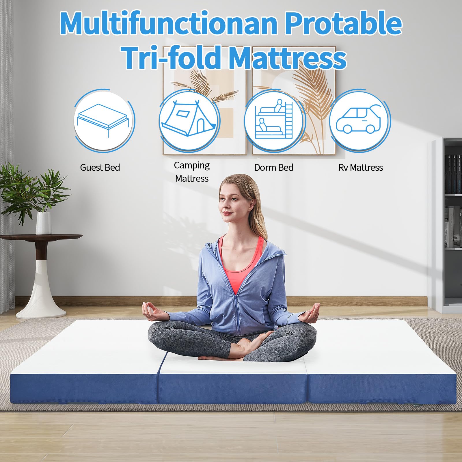 Folding Mattress Full Size,6 inch Memory Foam Tri Fold Mattress,Portable Folding Mattress with Washable Cover, Foldable Mattress Topper Full for Camping,Guest (52"×73"×6")