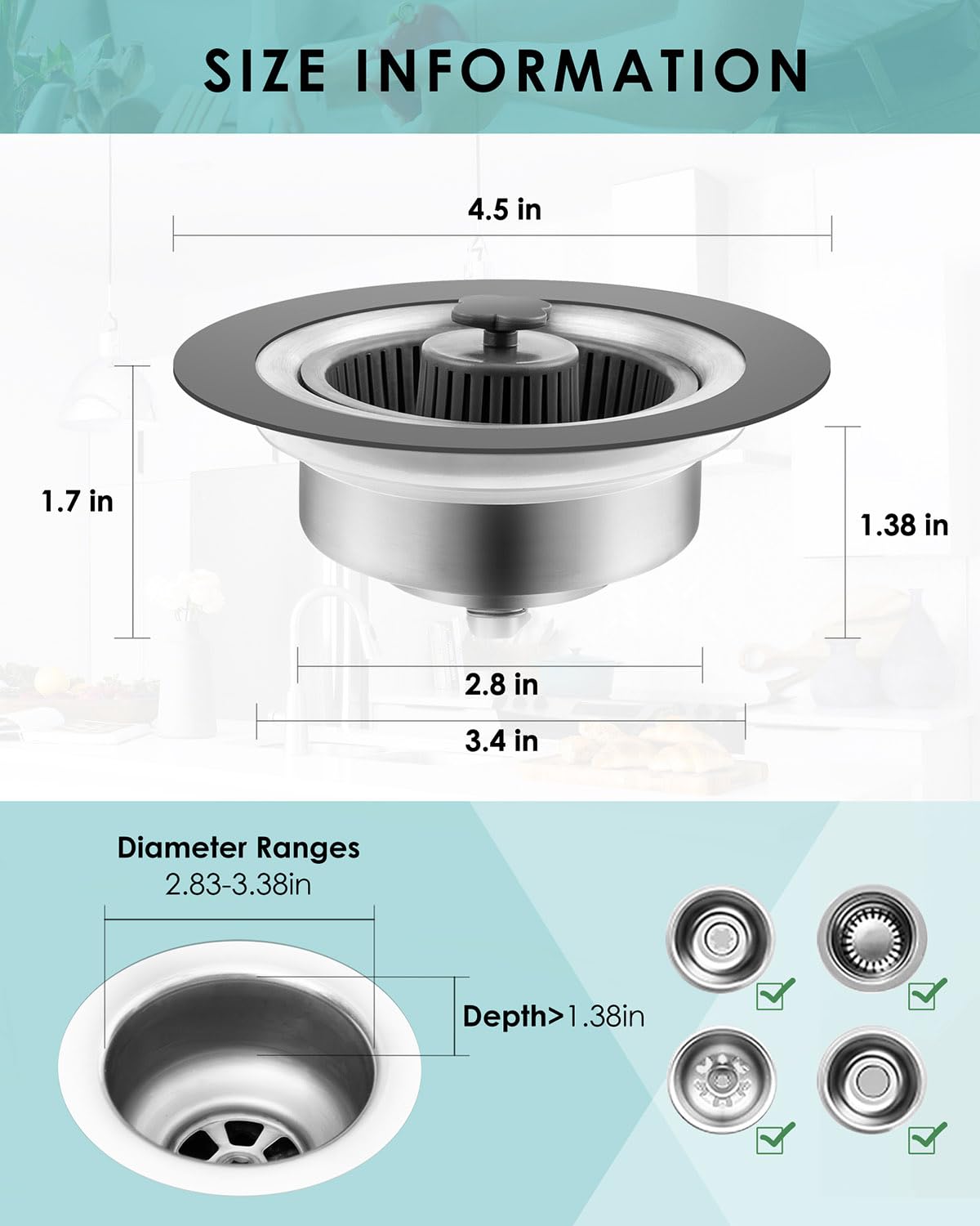 Drifop 3 in 1 Kitchen Sink Stopper and Strainer Combo, Pop Up Stainless Steel Kitchen Drain Strainer, Anti-Clogging Sink Strainer Basket with Handle for Standard 3-1/2 inch Drain, 1Pack
