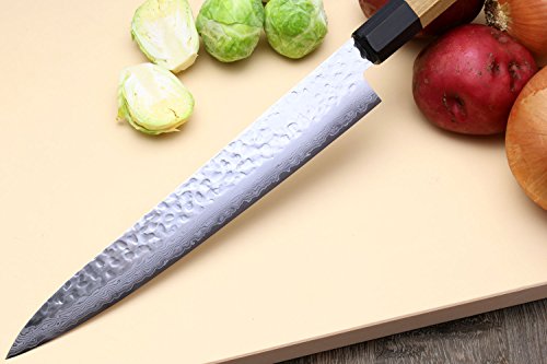 Yoshihiro VG-10 46 Layers Hammered Damascus Sujihiki Japanese Slicer Knife (9.5'' (240mm) Ambrosia Handle)