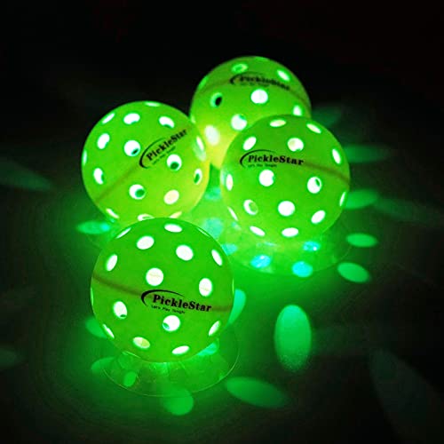 PickleStar LED Light Up Pickleball Balls, USAPA Standard Outdoor 40 Holes Yellow PickleBalls with Green Light 4 Pack LED Light Up Pickle Balls, Batteries Included…
