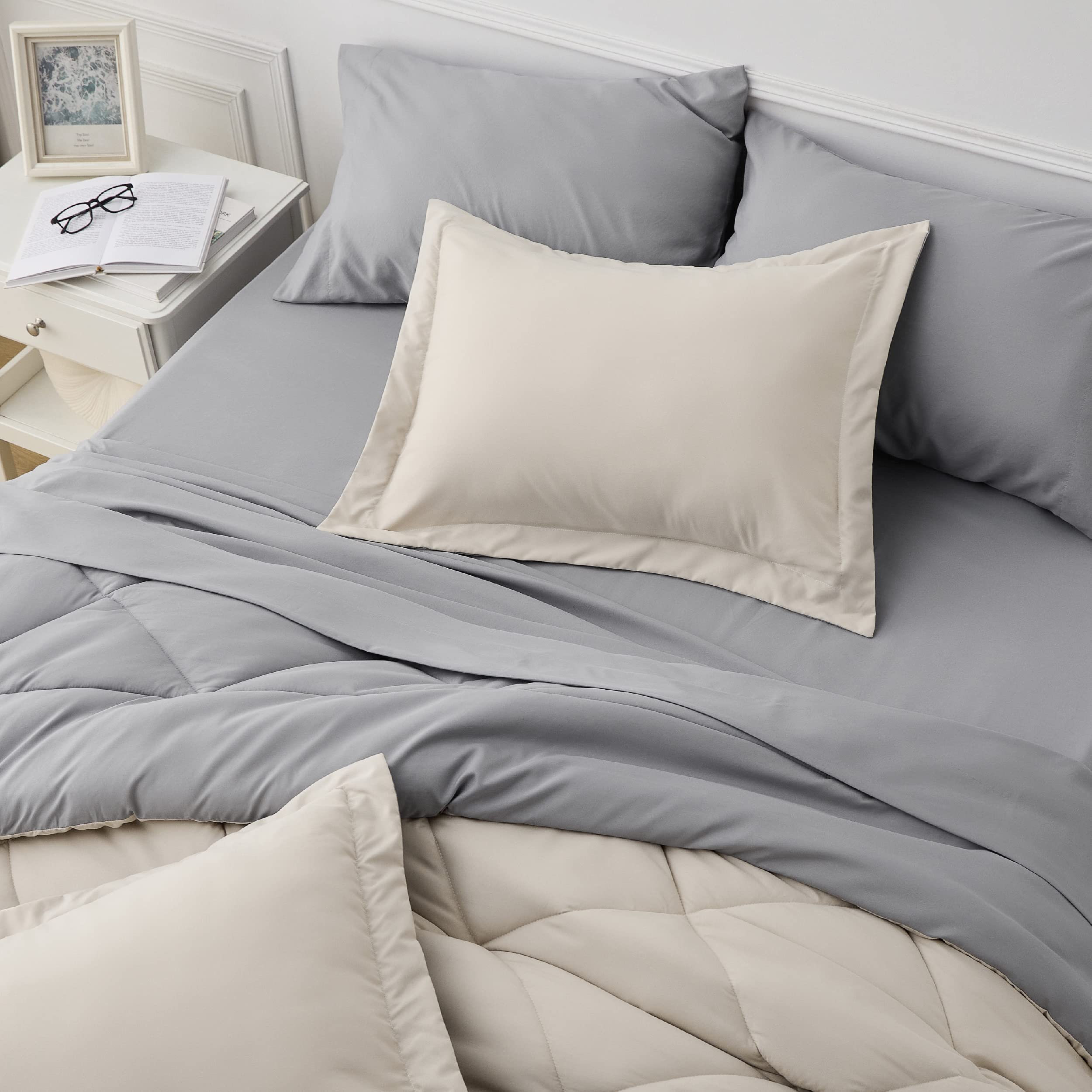 Bedsure Beige Comforter Set - 7 Pieces Reversible Bed in a Bag with Comforters, Sheets, Pillowcases & Shams, Bedding Sets
