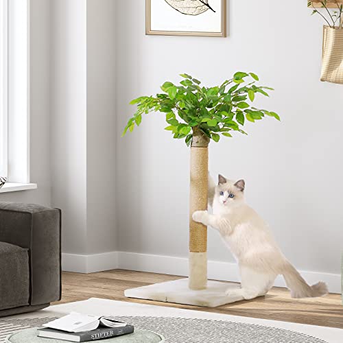 MSmask Cat Scratching Post, Natural Jute Sisal Scratch Pole, Cat Scratch Post with Artificial Banyan Leaves for Indoor Cats, Cat Scratcher & Home Decorating