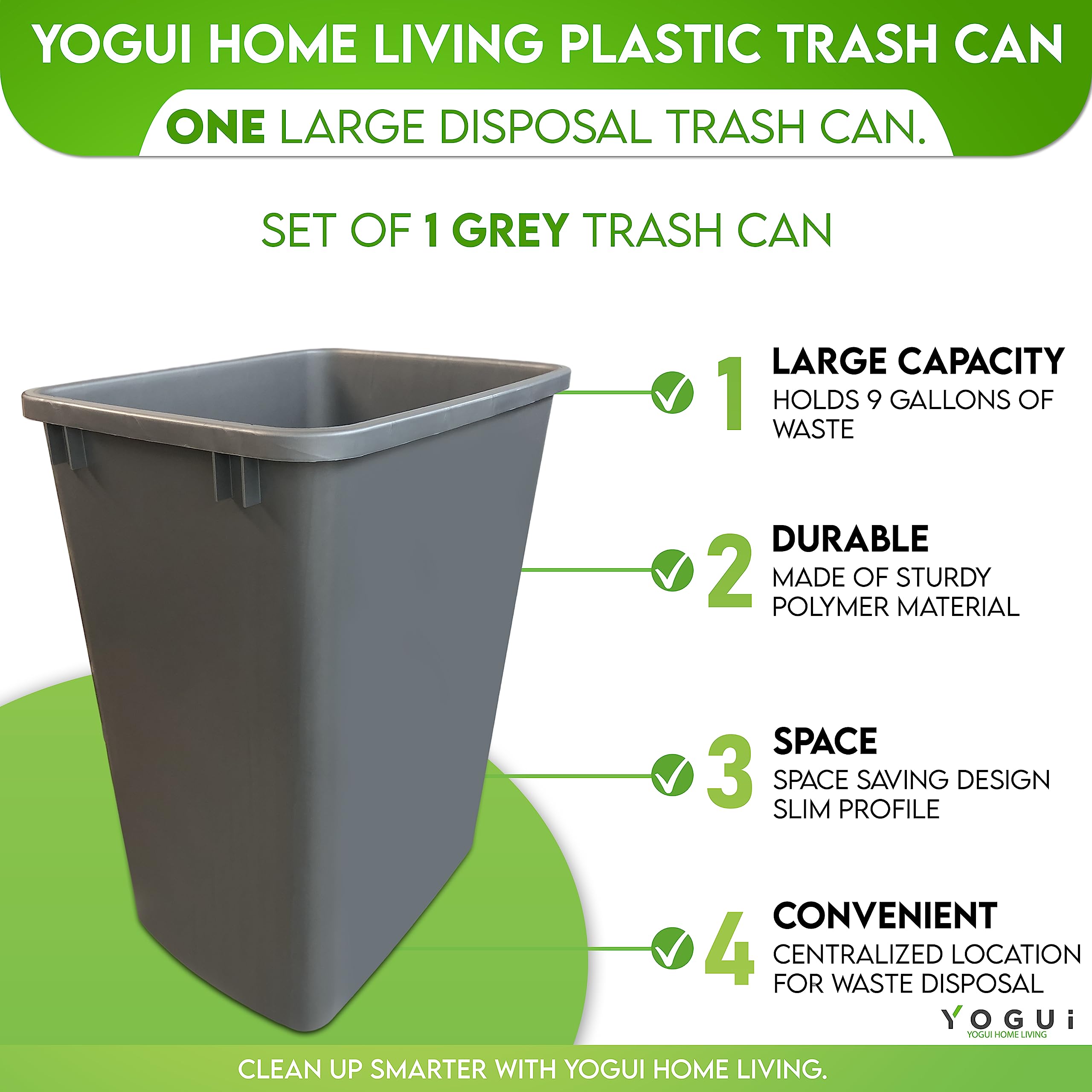 Yogui Home Living Plastic Trash Can - 35-Quart (9-Gallon) - Indoor Garbage Bin for Kitchen, Home, Office and Commercial Use - Large Waste Disposal Tub, Plastic Waste Container- Grey.