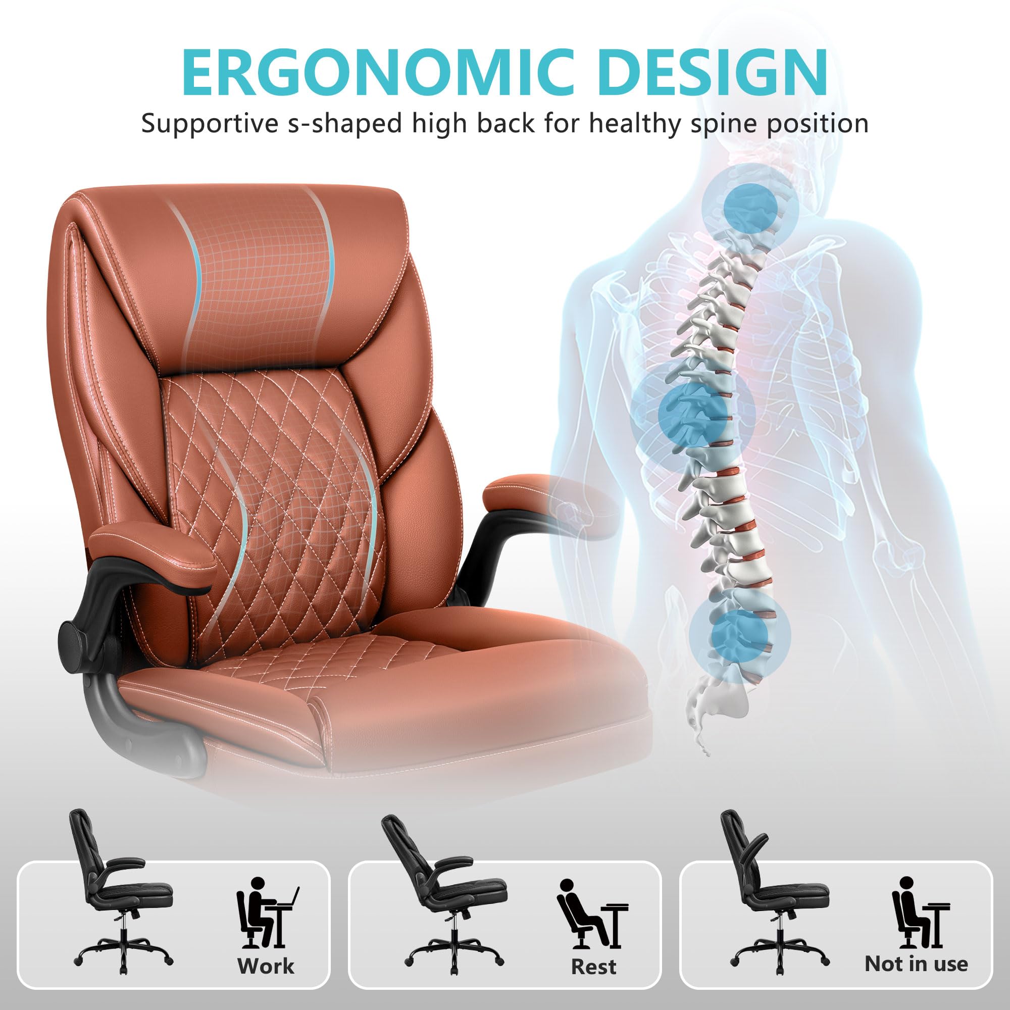 BestEra Office Chair, Executive Leather Chair Home Office Desk Chairs, Ergonomic Computer Desk Chair with Adjustable Flip-Up Arms, Lumber Support Swivel Task Chair with Rocking Function (Brown)