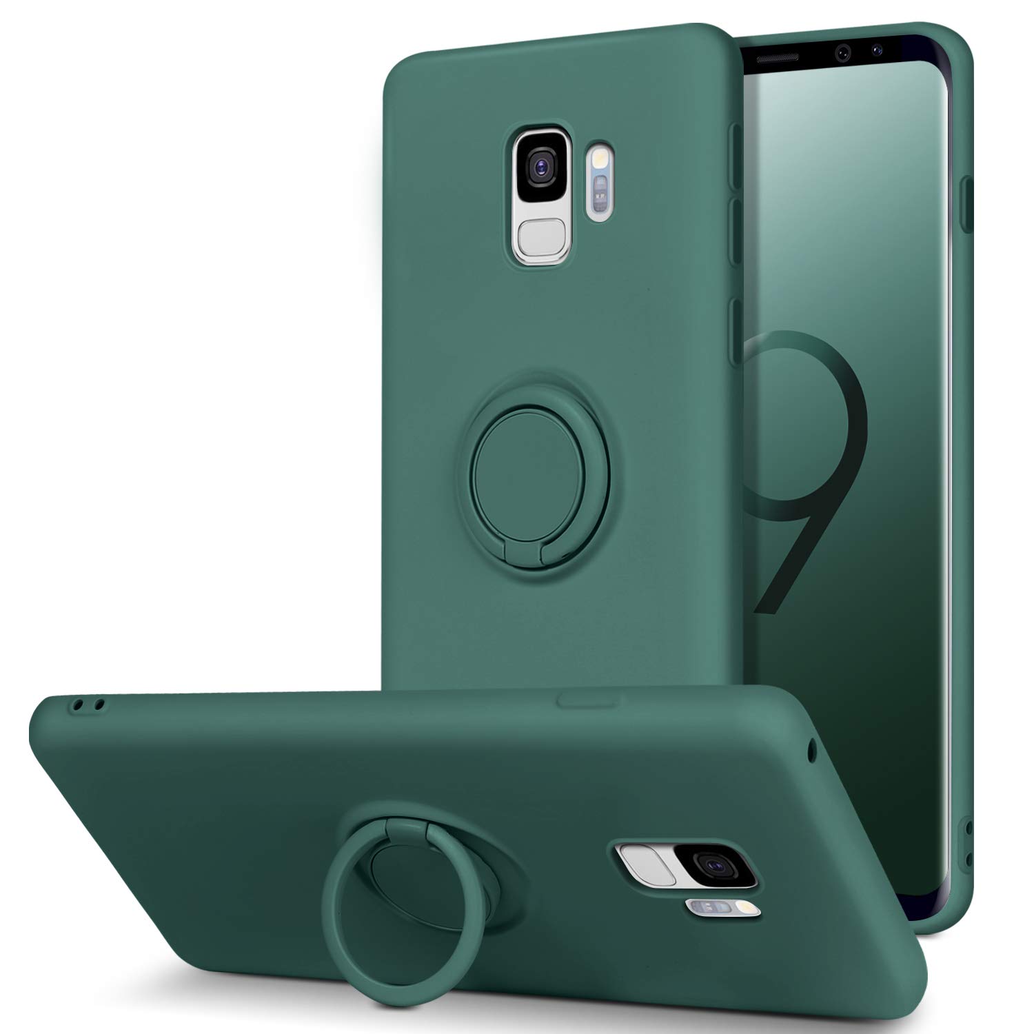 BENTOBEN Samsung Galaxy S9 Case, Slim Silicone | 360° Ring Holder Kickstand | Support Car Mount | Soft Rubber Shockproof Bumper Protective Non-Slip Case for Samsung Galaxy S9 5.8" (2018), Dark Green