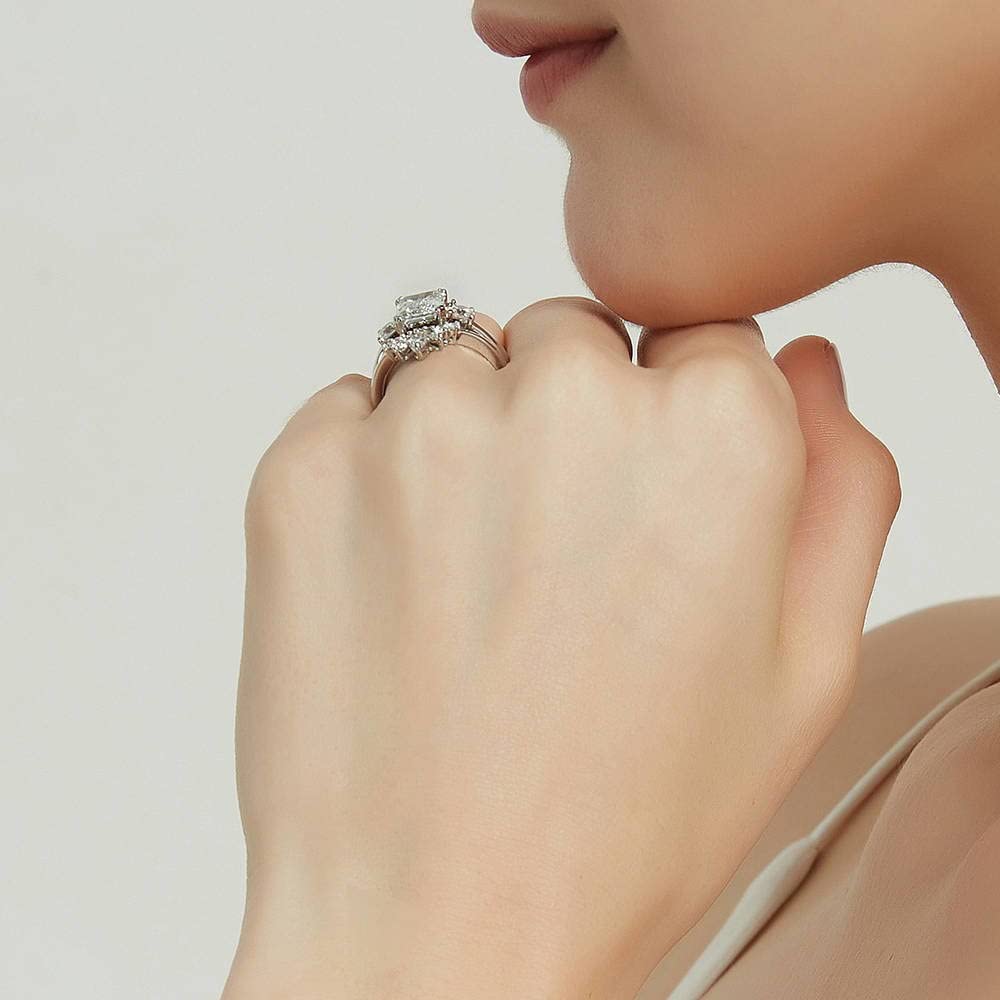 BERRICLE Sterling Silver 3-Stone Wedding Engagement Rings Emerald Cut Cubic Zirconia CZ 7-Stone Ring Set for Women, Rhodium Plated Size 7