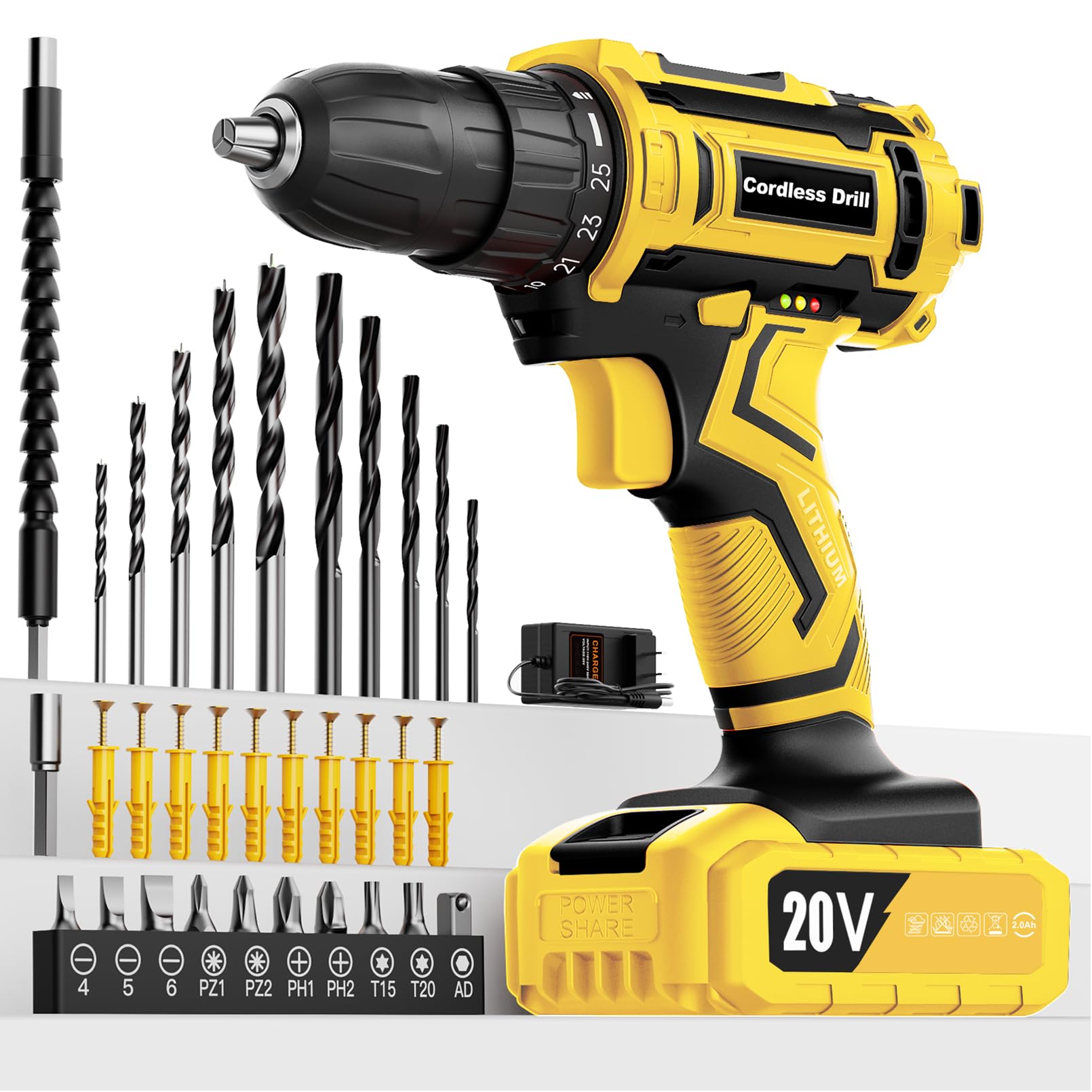 Drill Set, Cordless Drill 20V with 42pcs Accessories and Battery 2.0Ah, Electric Drill 25+1 Position, 2 Speed, 3/8 Inch Keyless Chuck, LED Light, Power Drill for Home DIY and Garden Repair