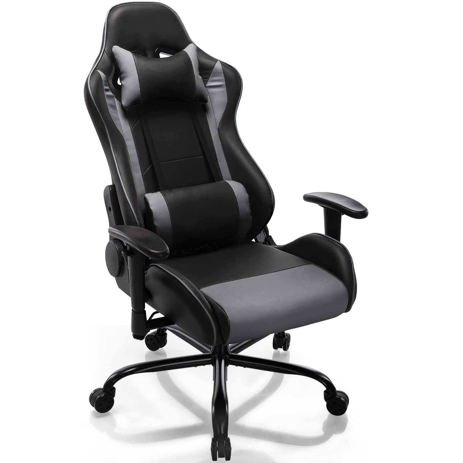 Reclining Gaming Chair - Adjustable Back Angle and Arms High Back PU Leather E-Sports Racing Gamer PC Computer Desk Swivel Office Chair - Grey
