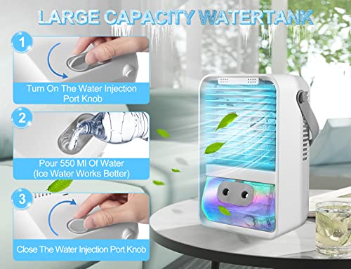 Portable Air Conditioner Fan, Personal Space Air Cooling Fan for Home Office Room, Personal Evaporative Cooler & Humidifier, with Handle/LED Light/Humidifier, for Small Room/Dorm/Bedroom/Camping