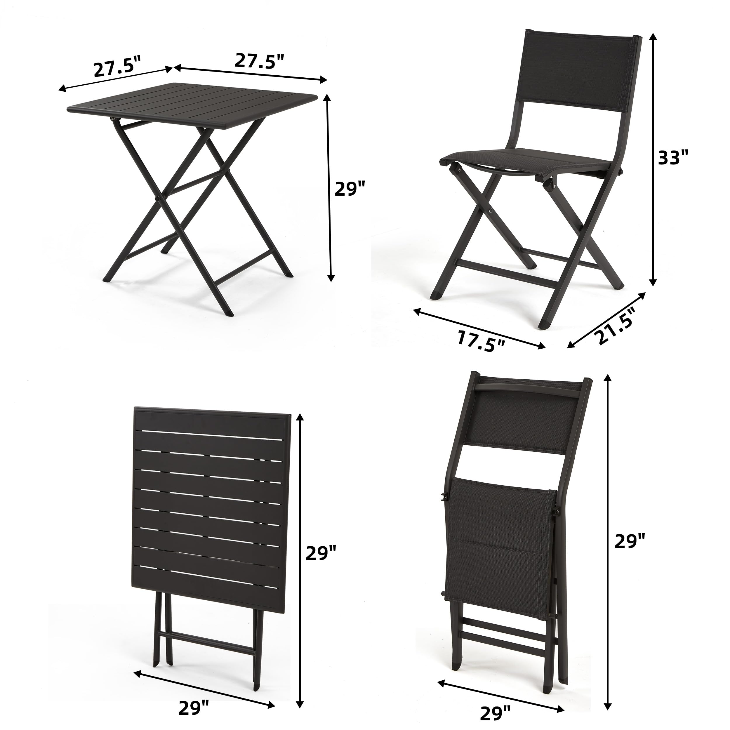 Eongdn 3 Pieces Patio Bistro Set, Padded Folding Aluminum Table and 2 Chairs, No Assembly Required, Weather-Resistant Outdoor Conversation Sets for Patio, Backyard