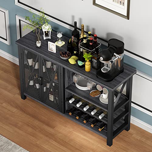 OIOG Wine Cabinet with Removable Wine Rack and Glass Holder, Wine Bar Cabinet for Liquor, Home Bar Coffee Cabinet Sideboards with Metal Mesh Doors for Living Room(Gray)