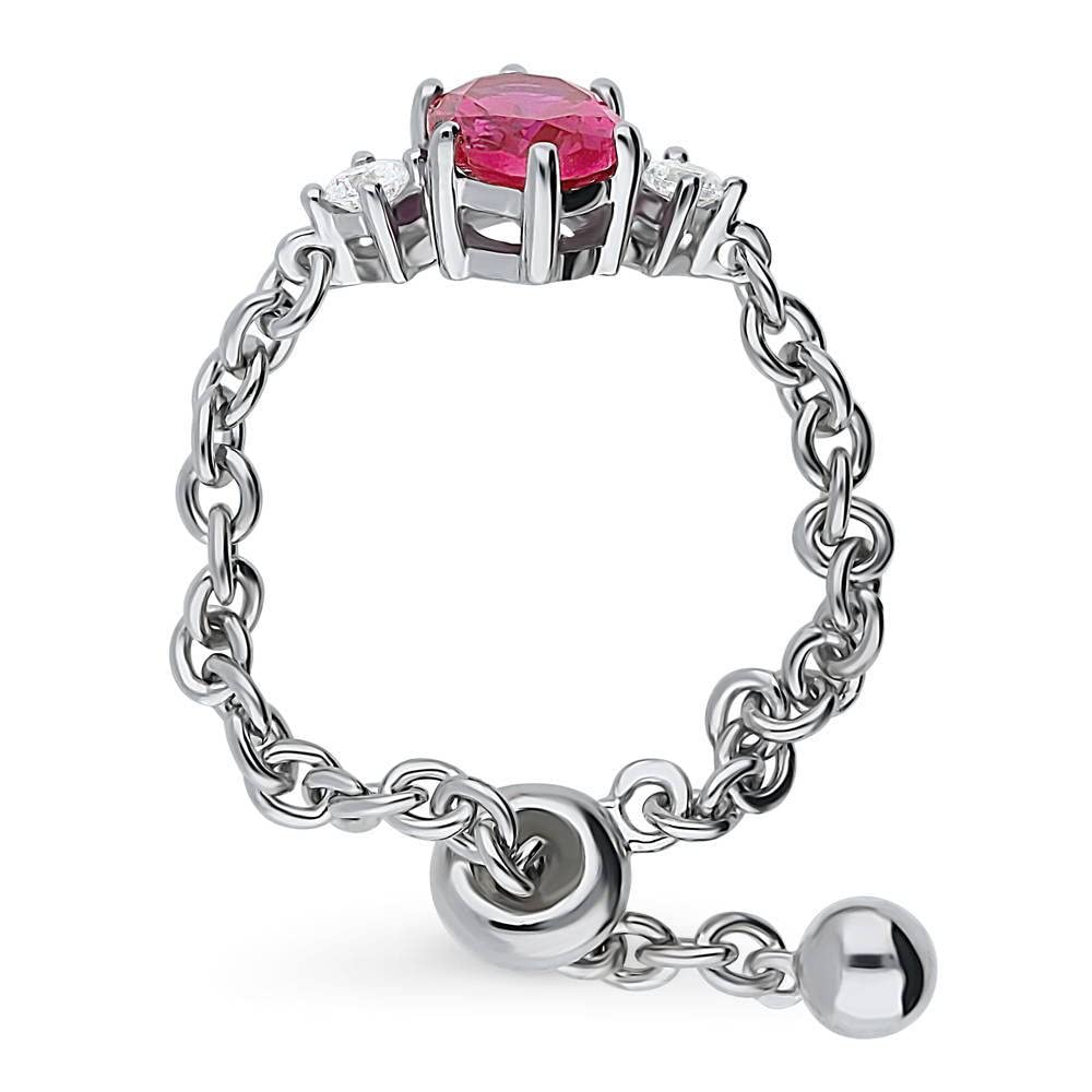 BERRICLE Sterling Silver 3-Stone Simulated Ruby Oval Cut Cubic Zirconia CZ Fashion Anniversary Chain Ring for Women, Rhodium Plated