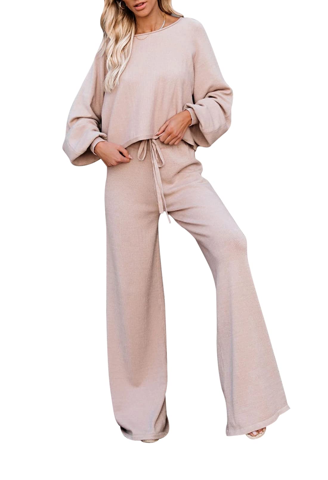 Ceuplon Women’s Two Piece Outfits Long Sleeve Knit Top Wide Leg Pants Sweatsuit Loungewear Sweater Set Beige M