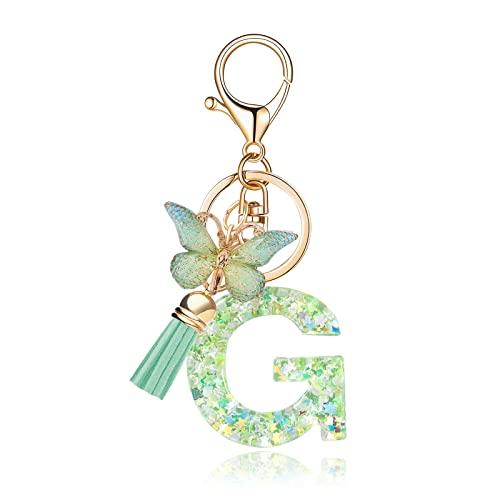 OKAICEN Fashion Alphabet Initial Letter Keychain Green Tassel Butterfly Pendant Key Ring for Purse Handbags Women Girl('G')