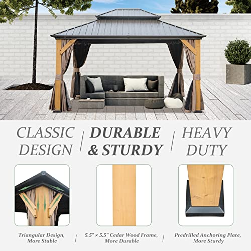 domi outdoor living 12x14 ft Wood Gazebo, Cedar Frame Hardtop Gazebo with Galvanized Steel Double Roof, Netting & Curtains, Patio Pergola Pavilion for Patio, Backyard, Deck, Lawns