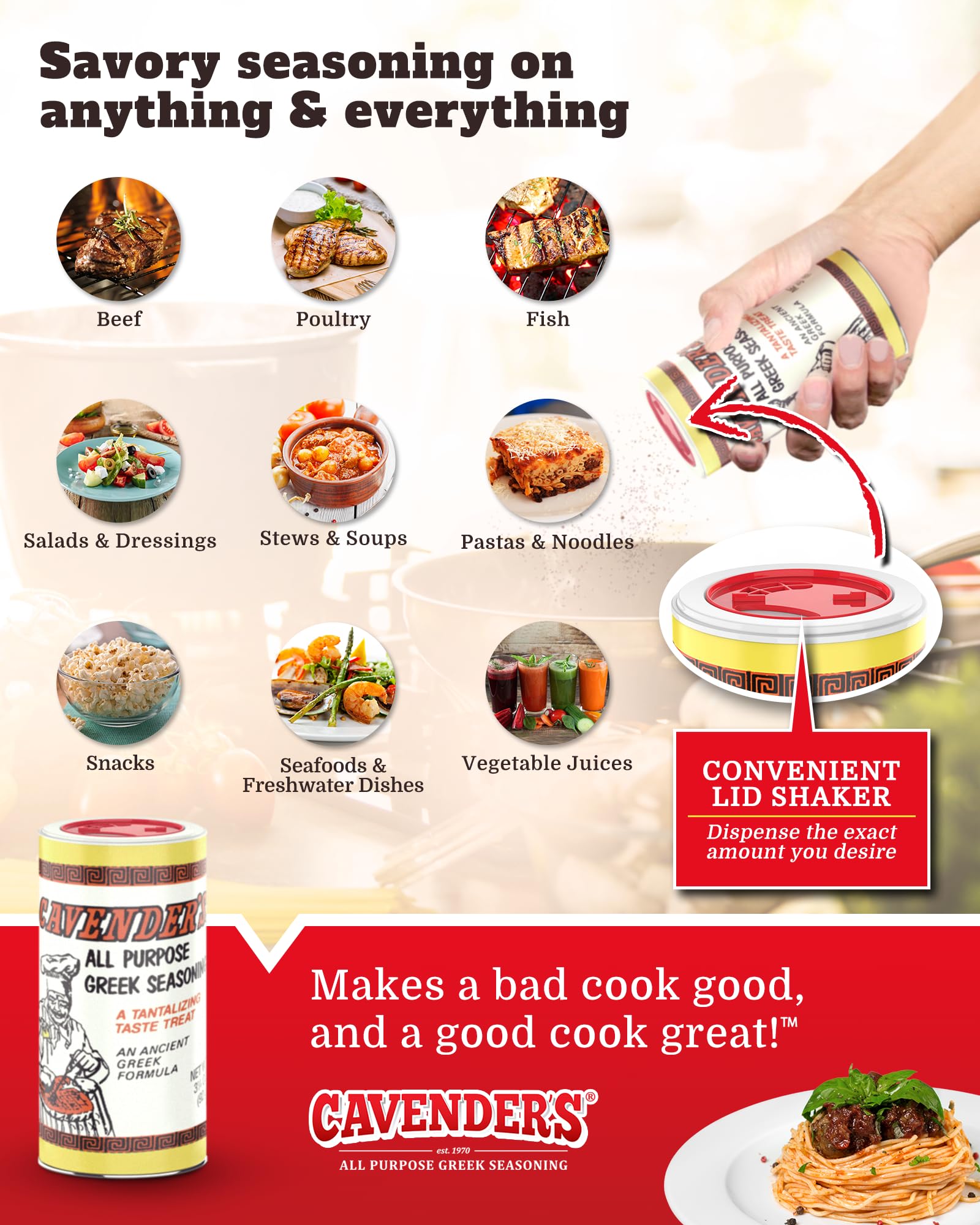 Cavender's All Purpose Greek Seasoning - 8 oz (pack of 4) and exclusive Cavender's Recipe 4 Pack box!!