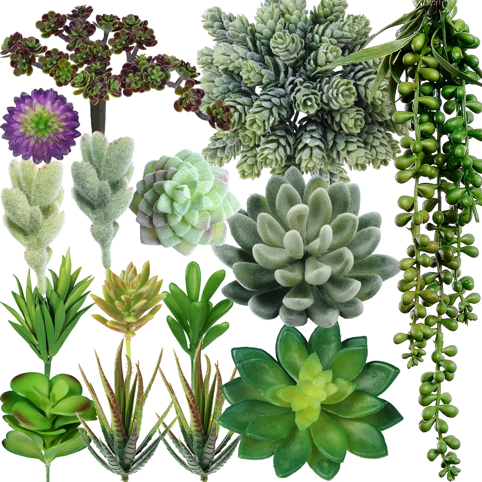 Winlyn 16 Pcs Unpotted Textured Artificial Succulents Plants Bulk Assorted Faux Realistic Hanging Succulents Aloe Hops Cactus Picks in Different Green for Pots Arrangement Wedding Centerpieces Decor
