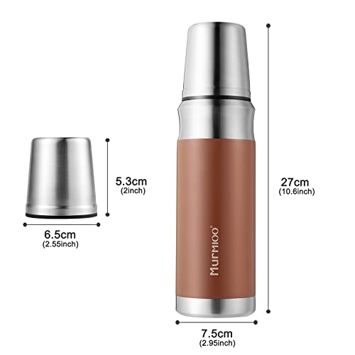Murmioo travel vacuum flask,stainless steel insulated bottle, built-in cap cup, cold for 24 hours, heat for 12 hours, BPA Free leak proof, sweat free 17oz/500ml Brown